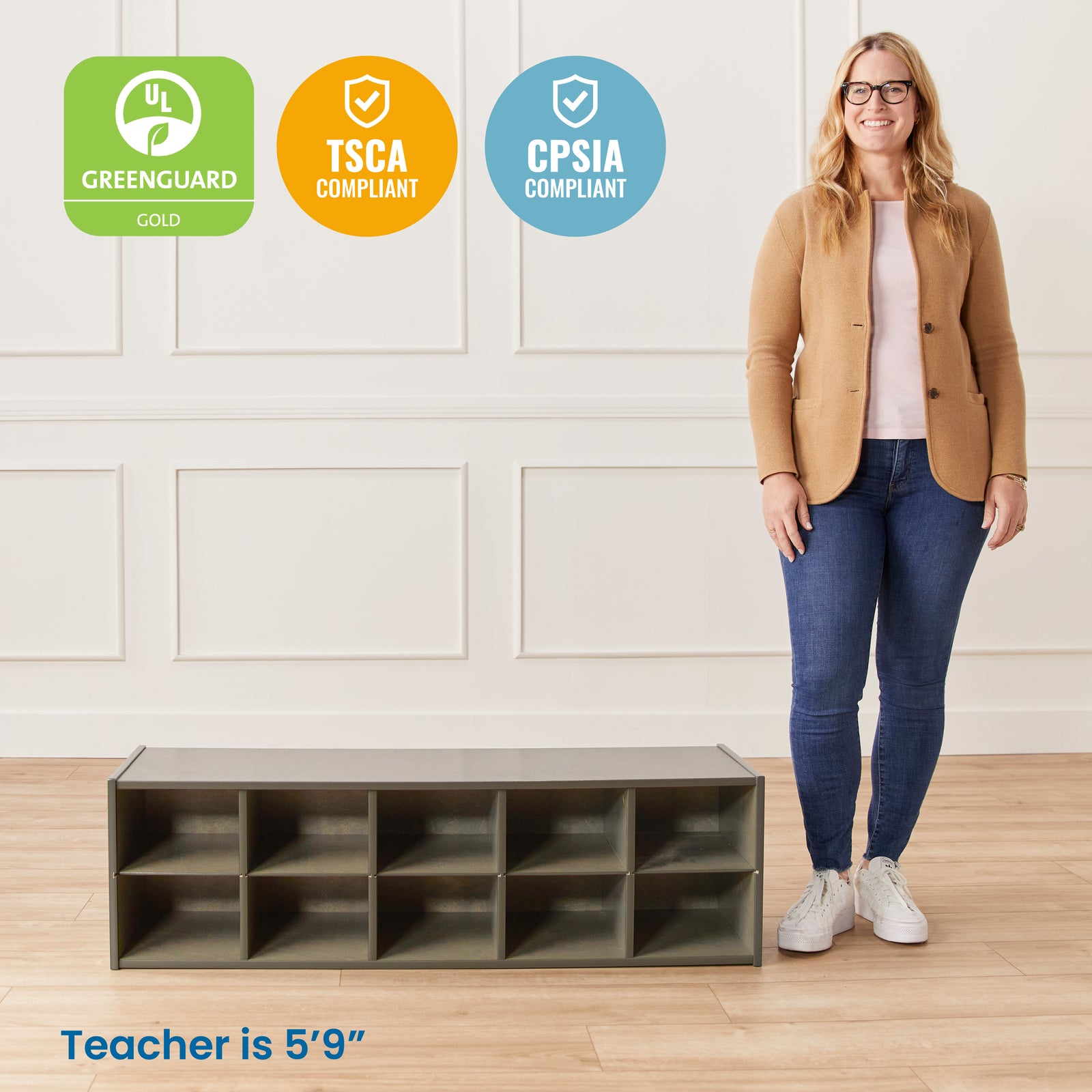 Streamline 10 Cubby Tray Cabinet with Scoop Front Storage Bins, 2x5, C