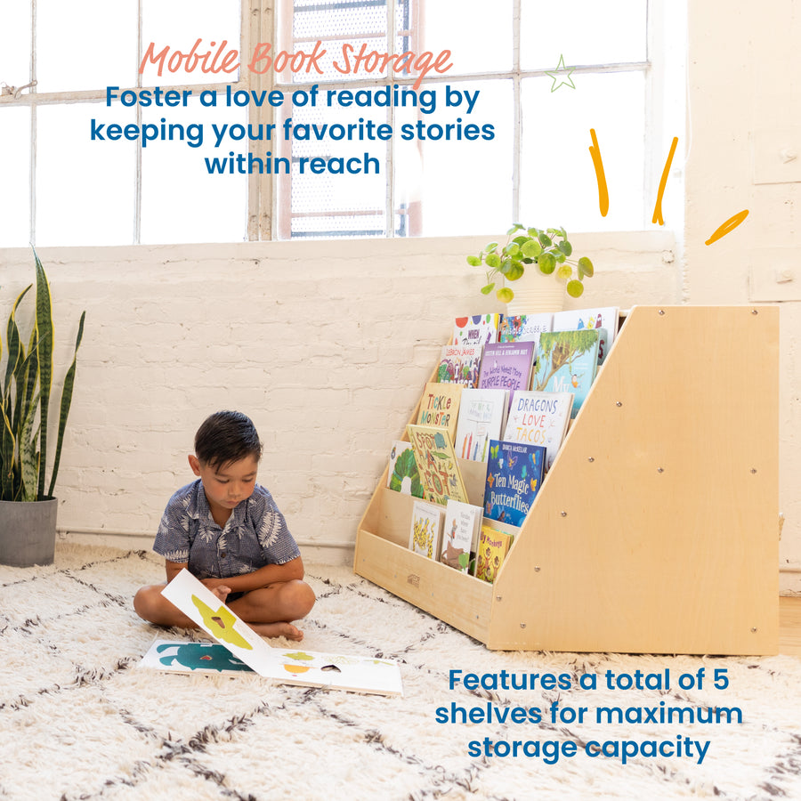 Double-Sided Mobile Book Display with Storage, Classroom Bookshelf